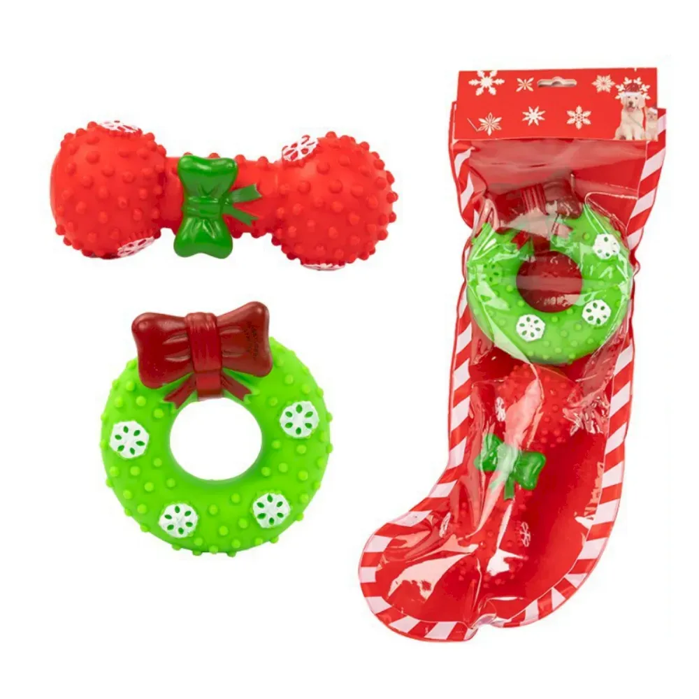 Christmas Dog Toy Gift Set Dumbbell and Donut Toys- Petfairs